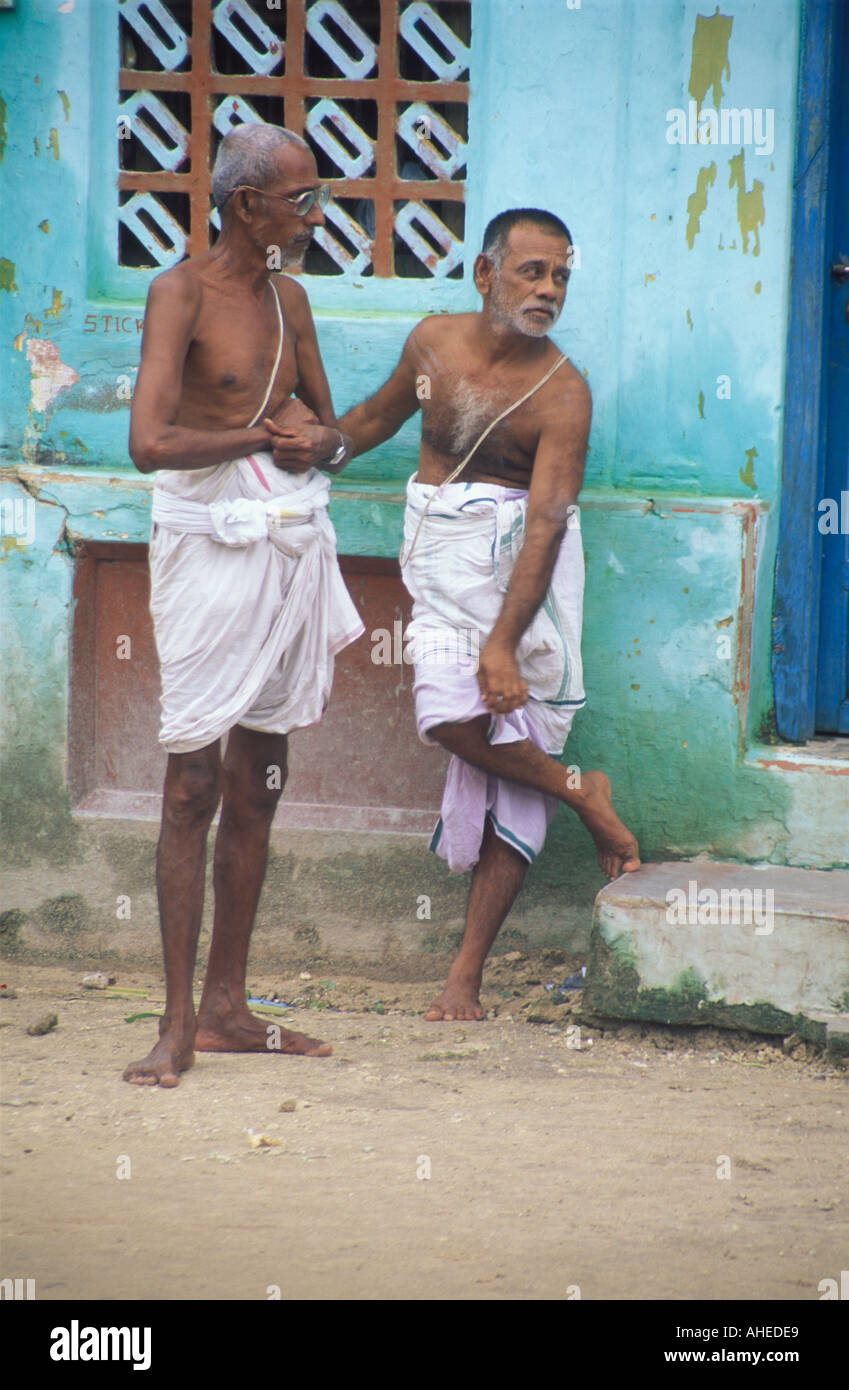 Two Brahmin devotees talk in the street Rameswaram Tamil Nadu India ...