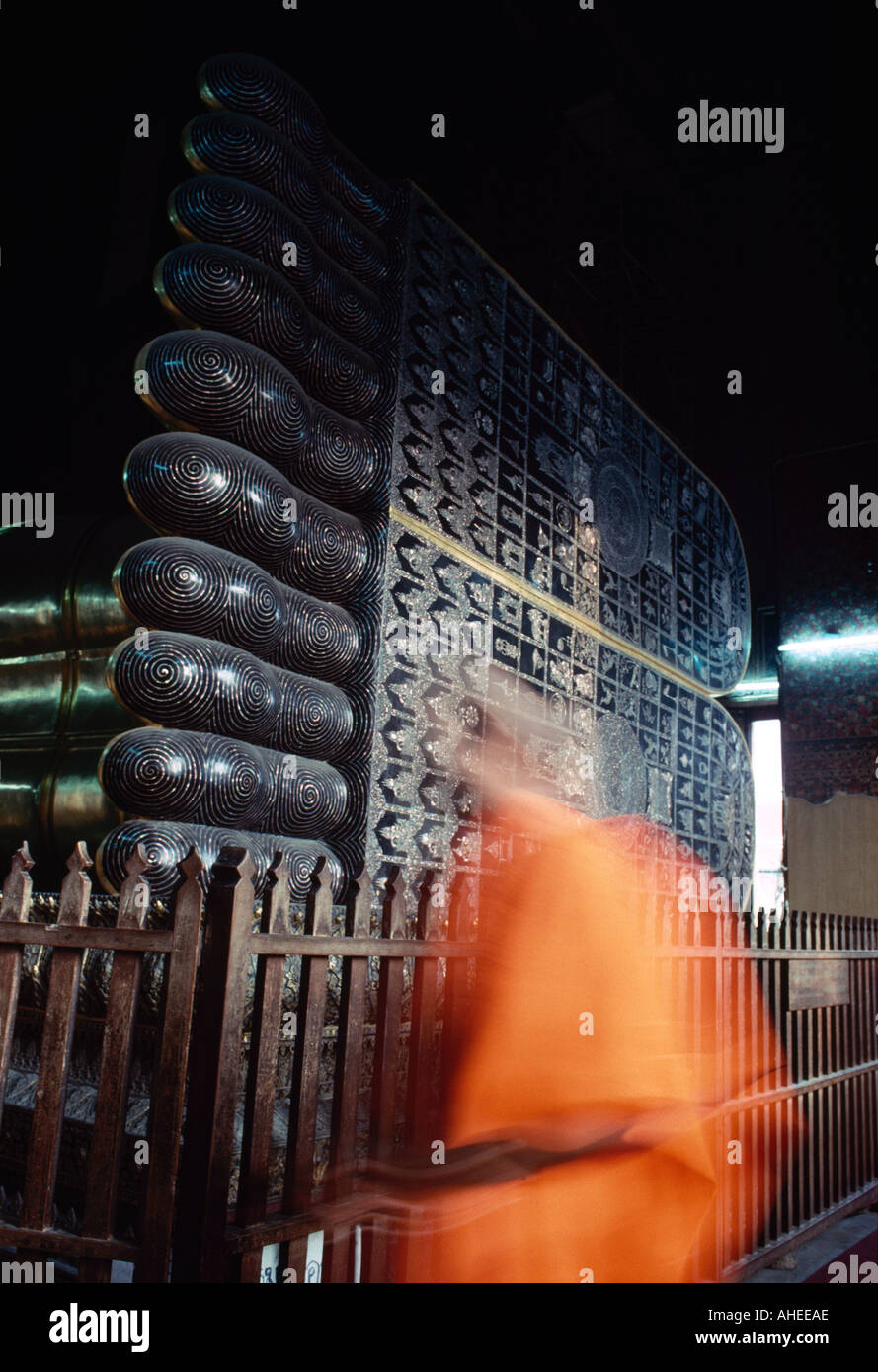 Southeast Asia, Thailand, Bangkok, Way Pho, Reclining Buddha and monk ...