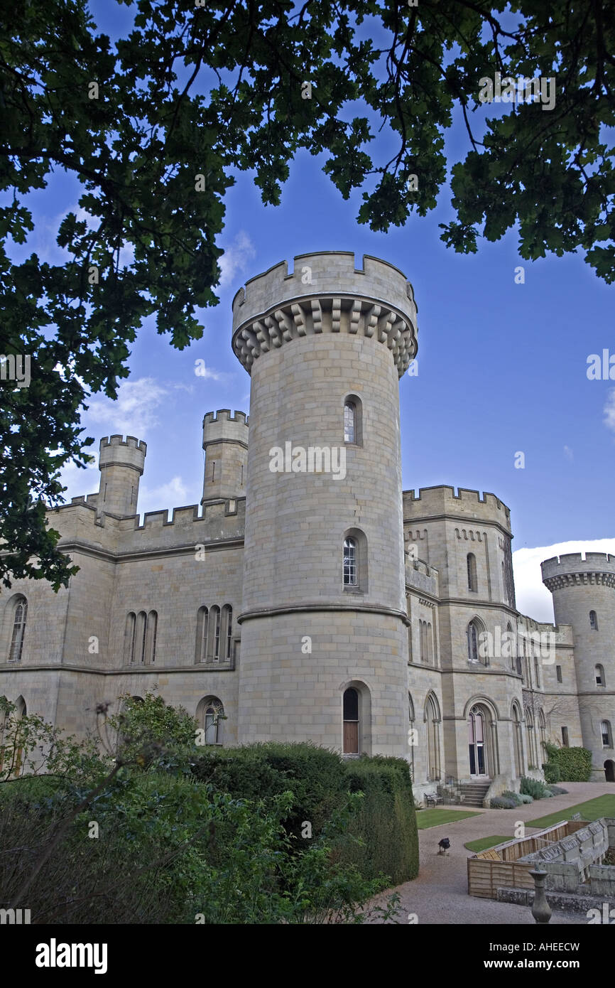 Framed view of Eastnor Castle, showing side view and turret Stock Photo ...