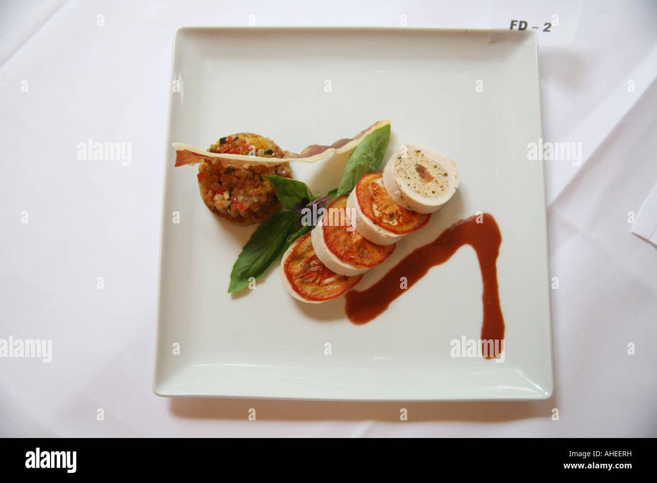 Fine dining; Chicken mousse, Hors d'œuvre at a food fair Stock Photo ...