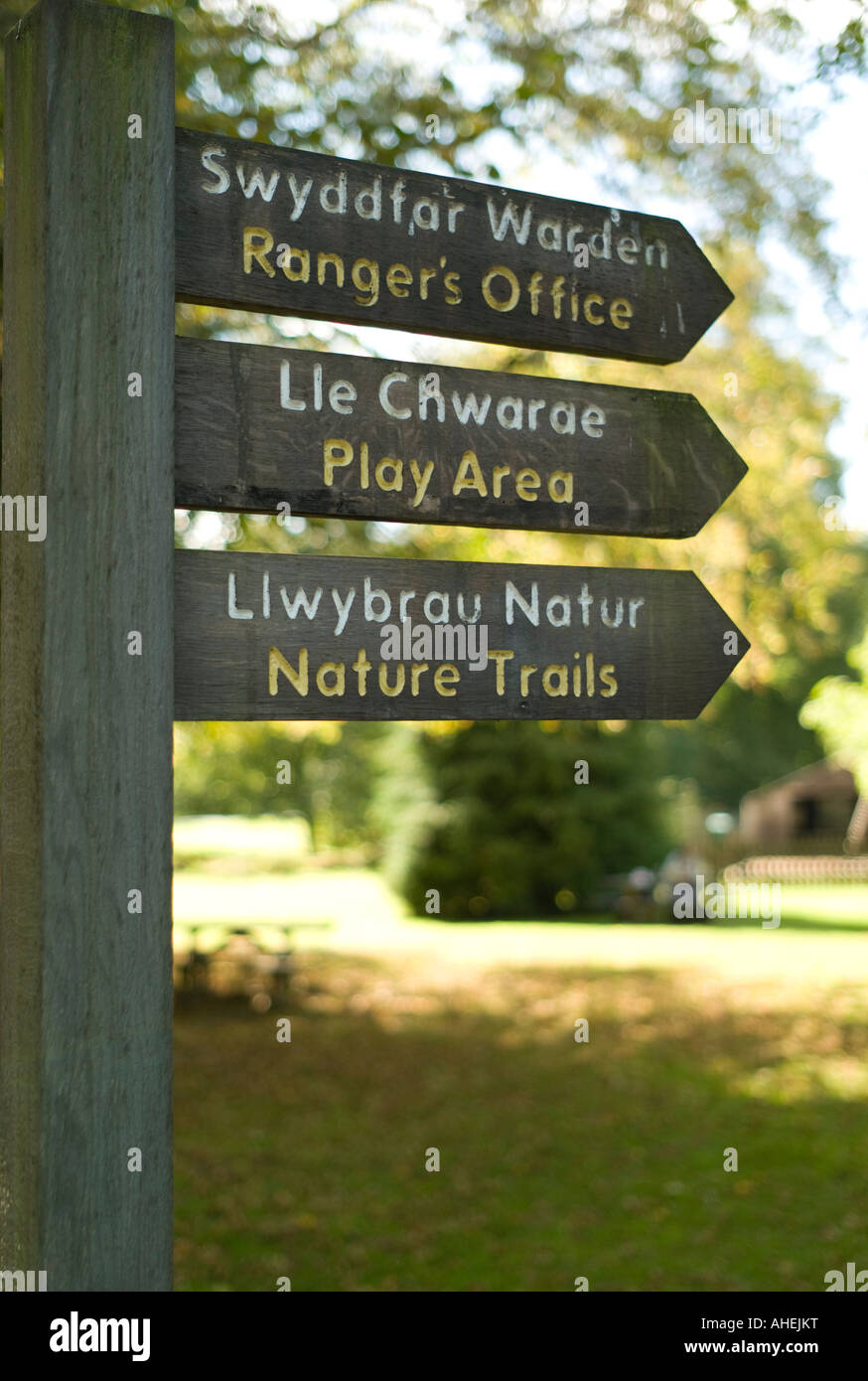 bilingual welsh english wood signposts at Golden Grove country park ...