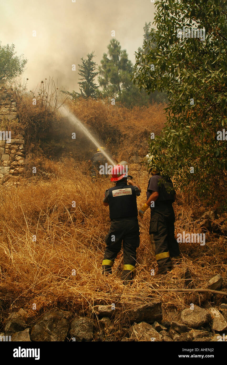 Firemen putting out fire during massive forest fire in Galilee region ...