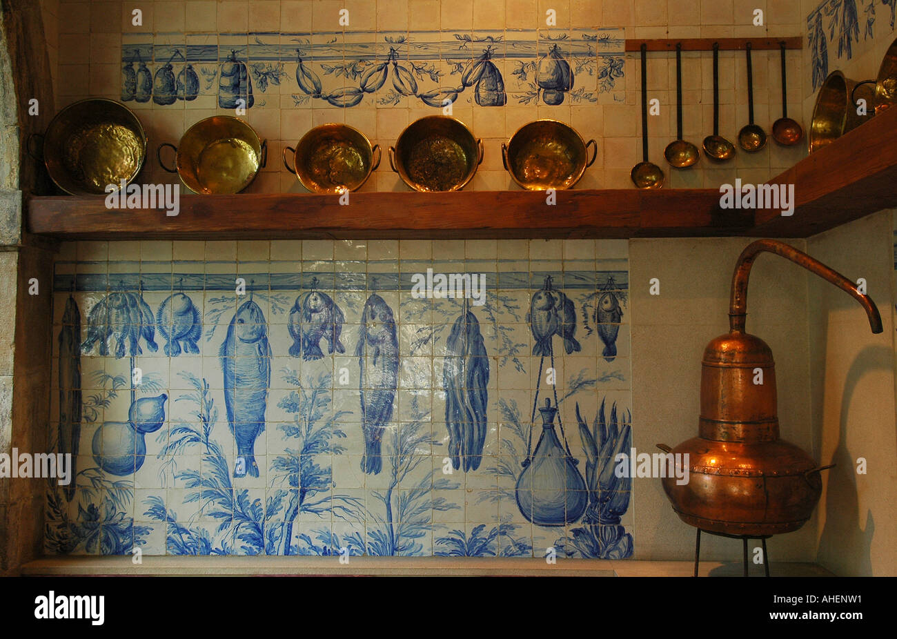 Figurative hand-painted azulejos ceramic tiles decorates a wall of the ...