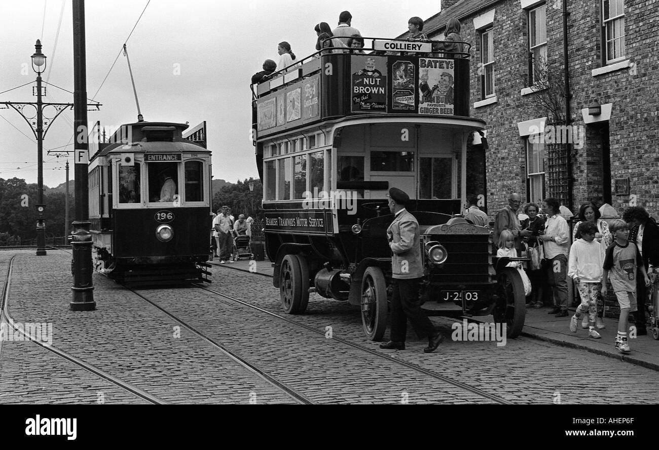Old open top bus and later tram car at Beamish open air museum near ...