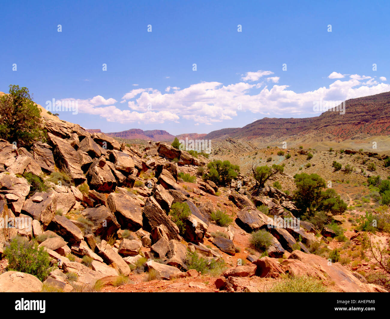 Chaparral and rocky hills, with purple mountains and cloudy blue sky ...