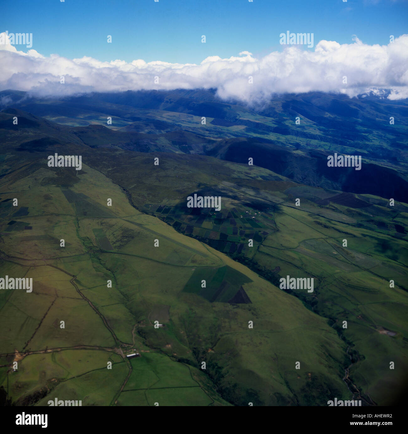 Aerial landscape of cultivated fields looking like large patchwork ...