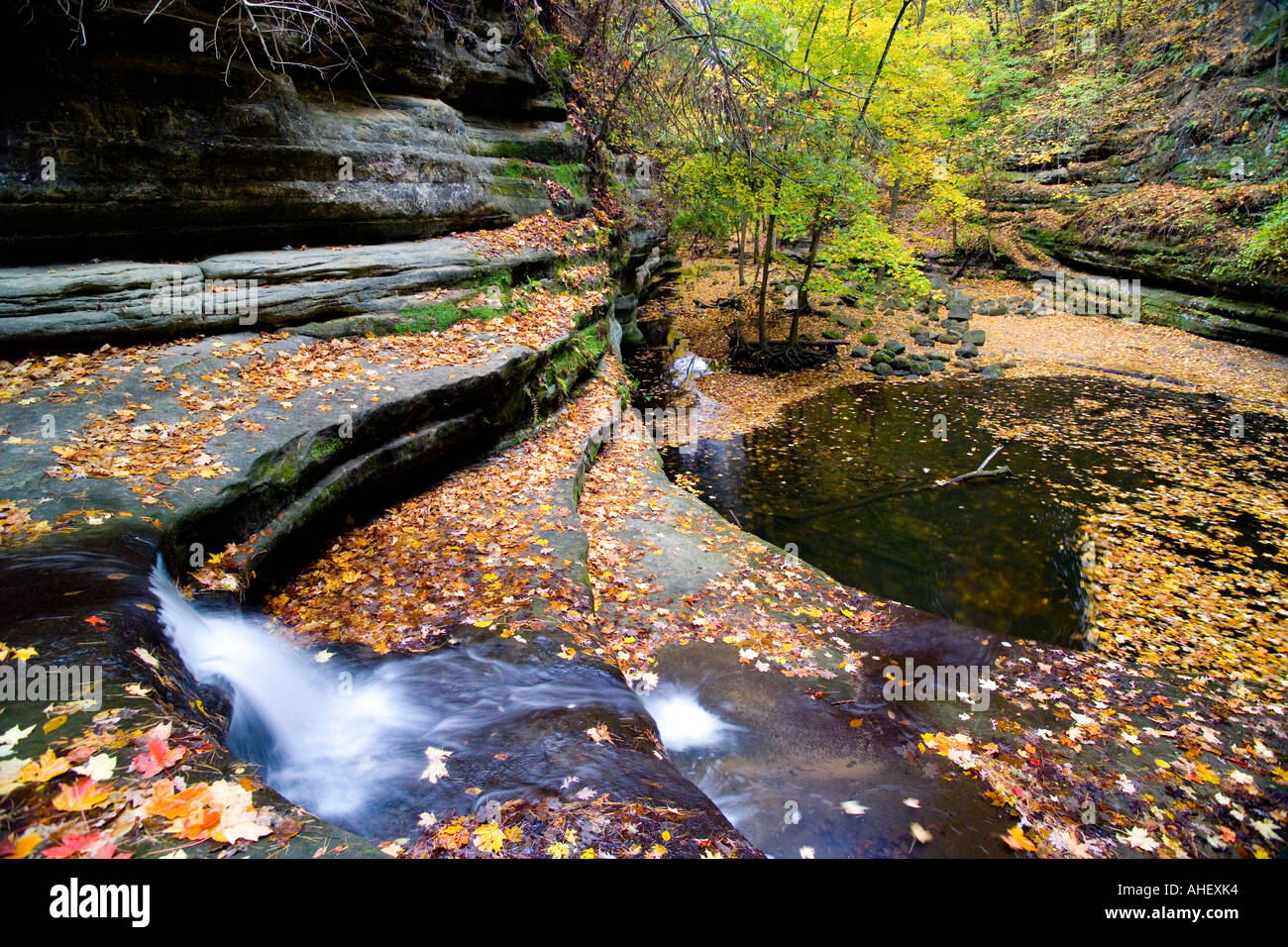 Waterfall during Fall color in Matthiessen State park Illinois Stock ...