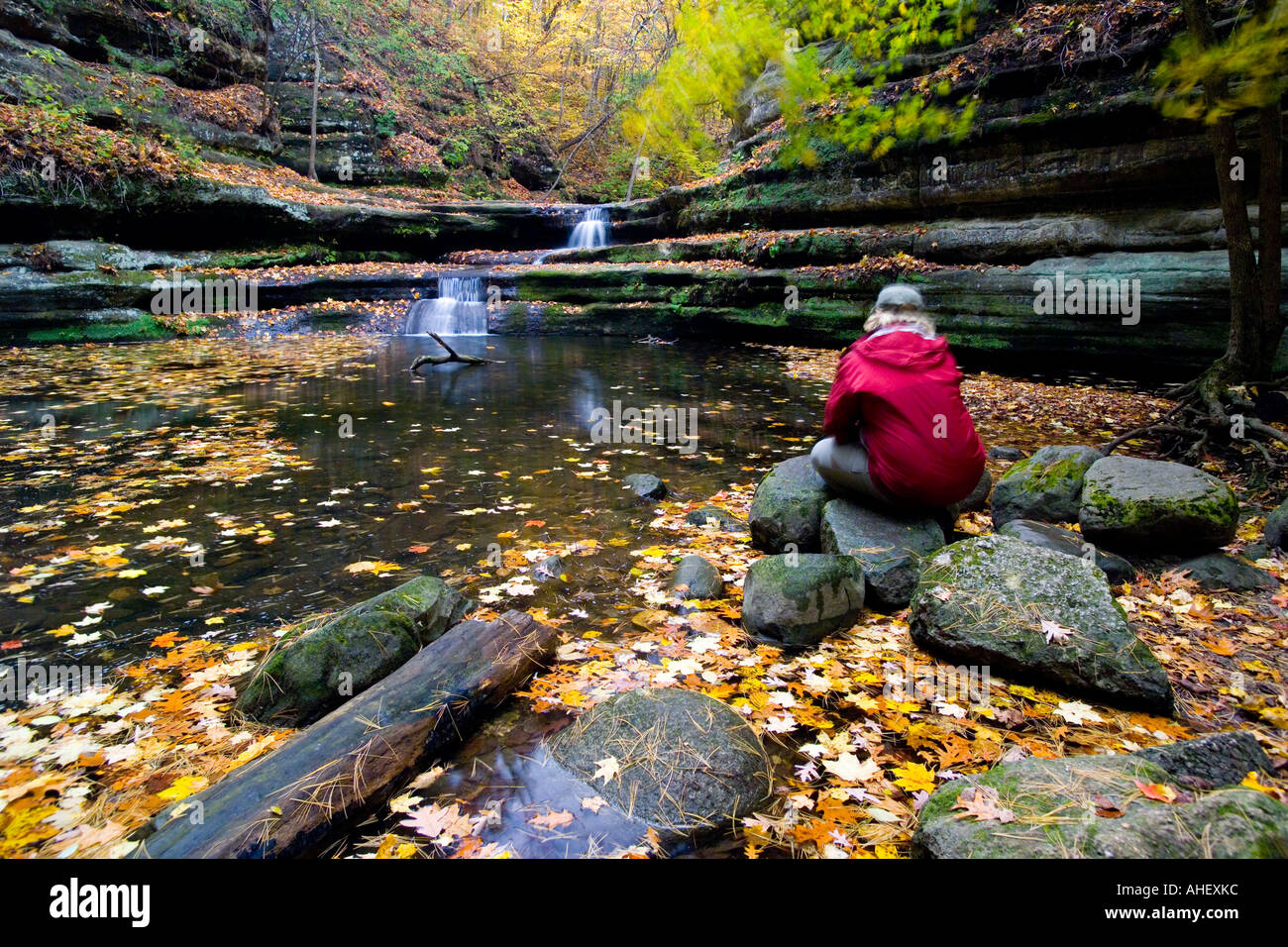 Waterfall during Fall color in Matthiessen State park Illinois Stock ...