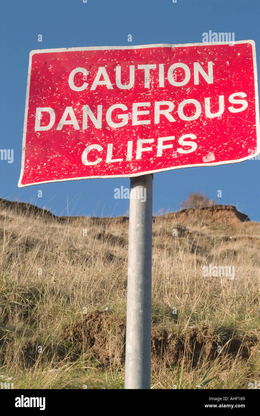 danger cliffs sign cliff rock fall falling errosion caution windswept ...