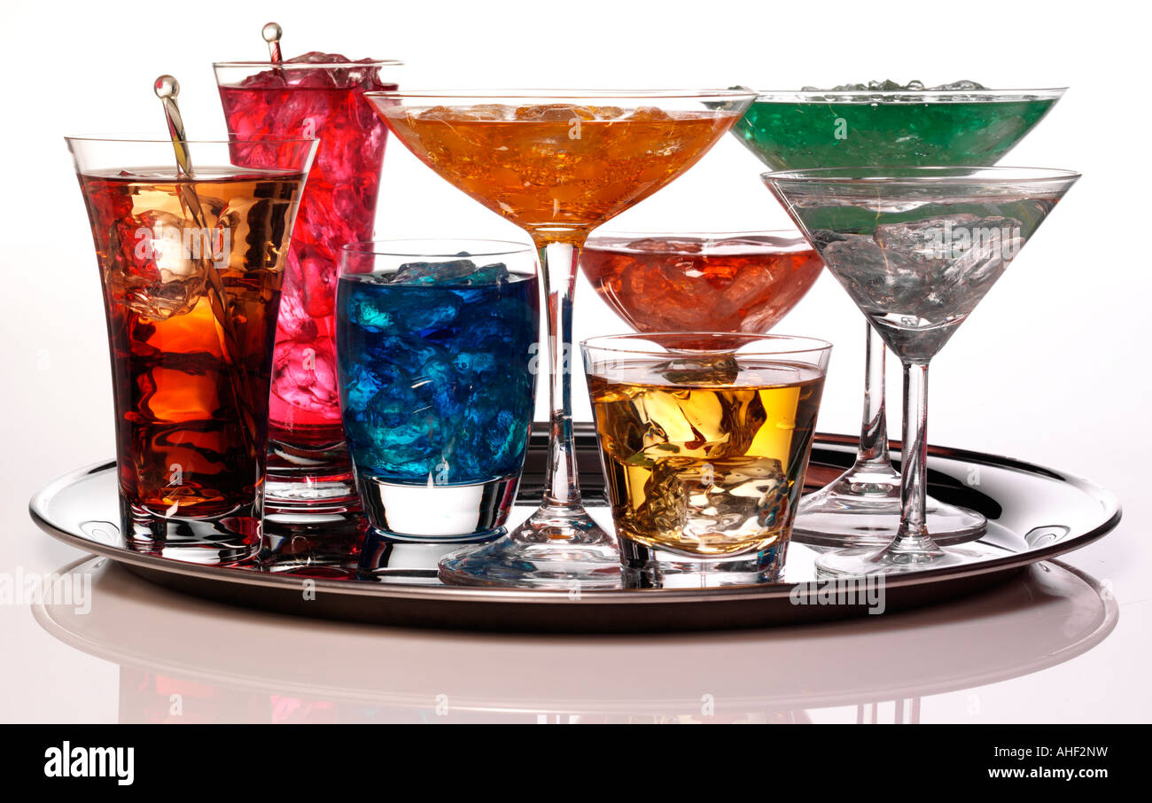 SELECTION OF COCKTAILS ON SILVER TRAY Stock Photo - Alamy