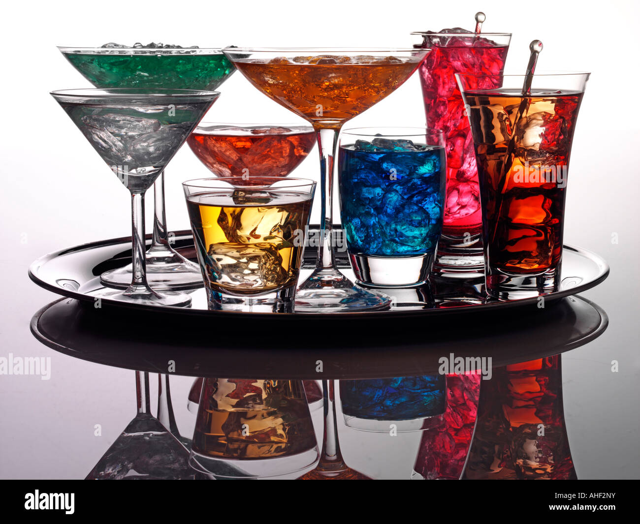 SELECTION OF COCKTAILS ON SILVER TRAY Stock Photo - Alamy