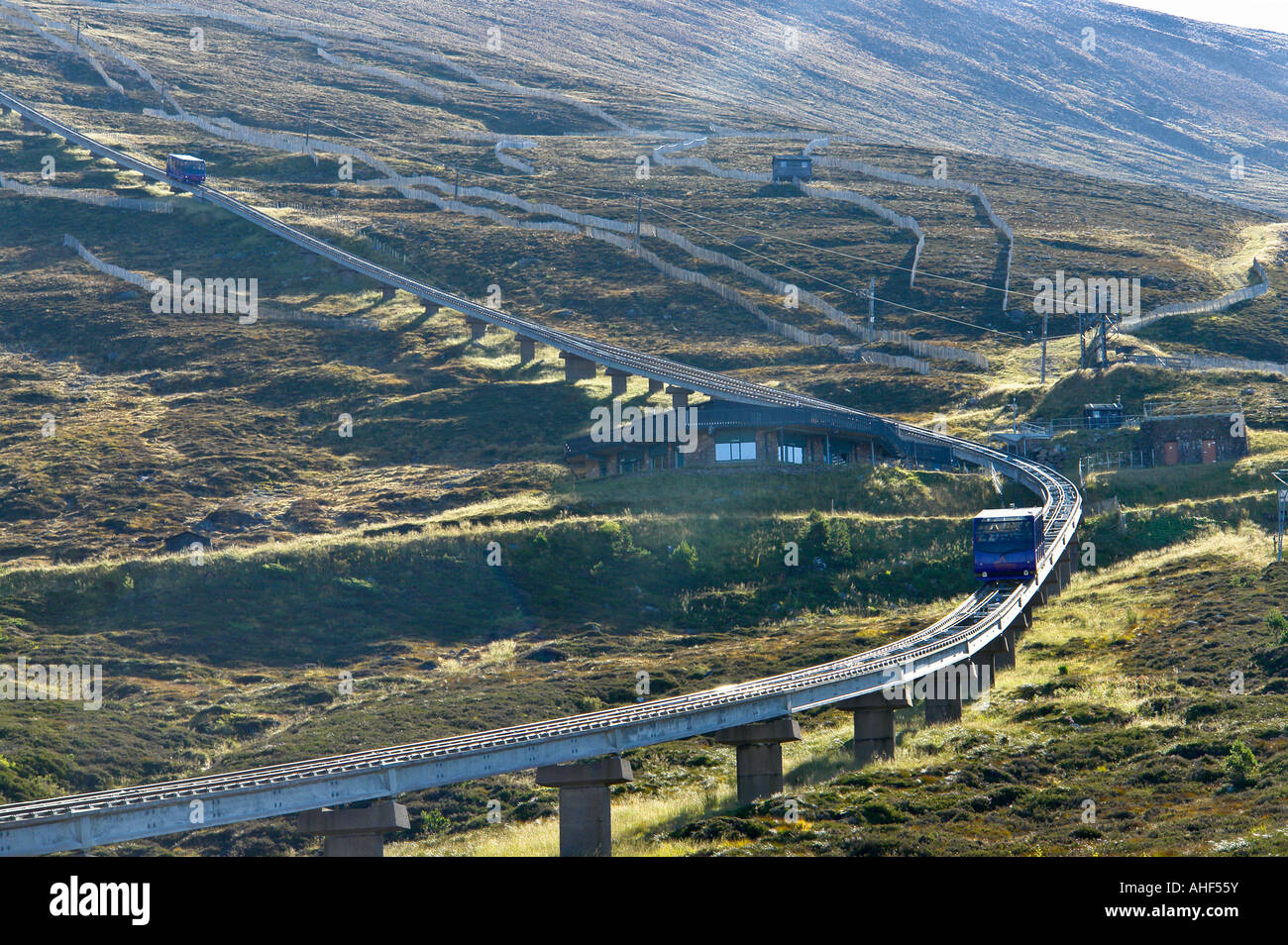 Two funicular rail cars have just passed each other on the Cairngorm Mountain Resort near the ...