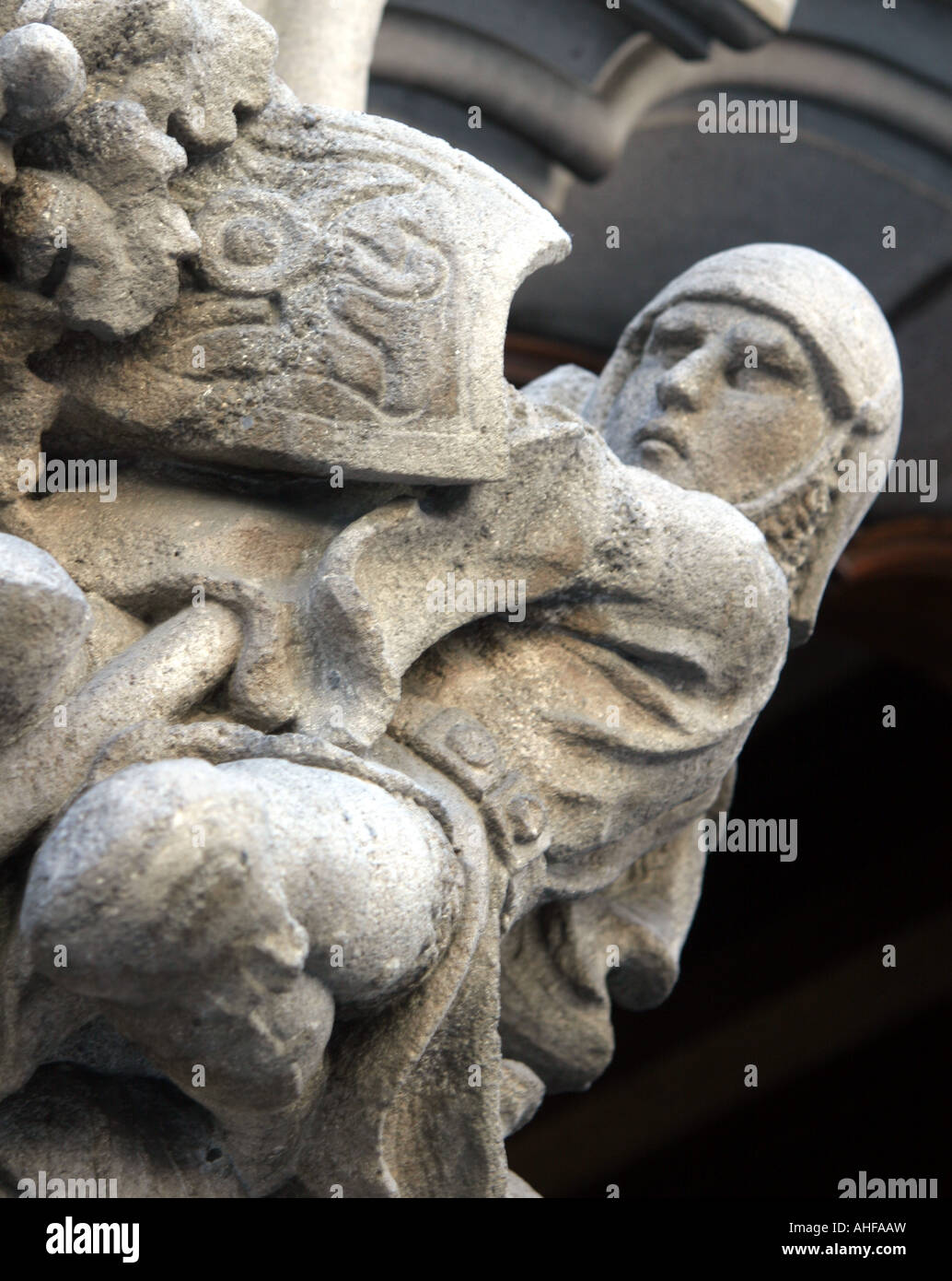 Gargoul of a knight on a historical building in Barcelona. Very ...