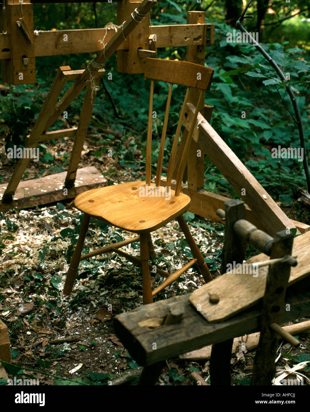 Traditional wooden chair and equipment made by the ancient art of ...