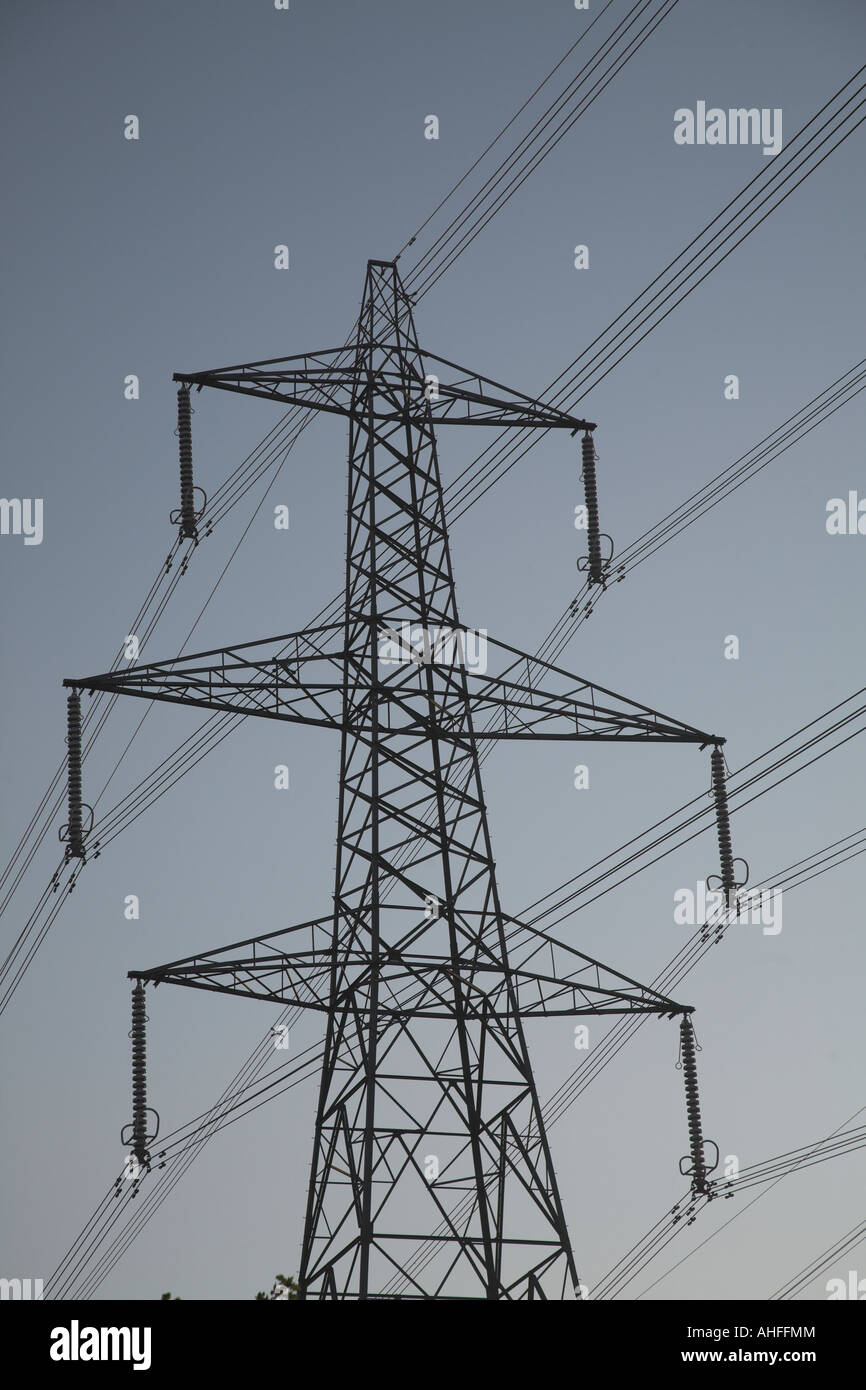 Electricity pylon and transmission lines Stock Photo - Alamy
