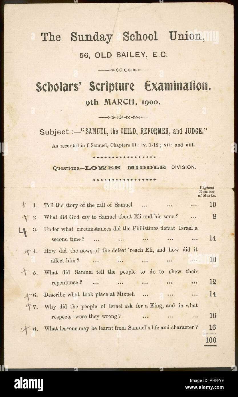 Sunday School Exam Paper Stock Photo - Alamy