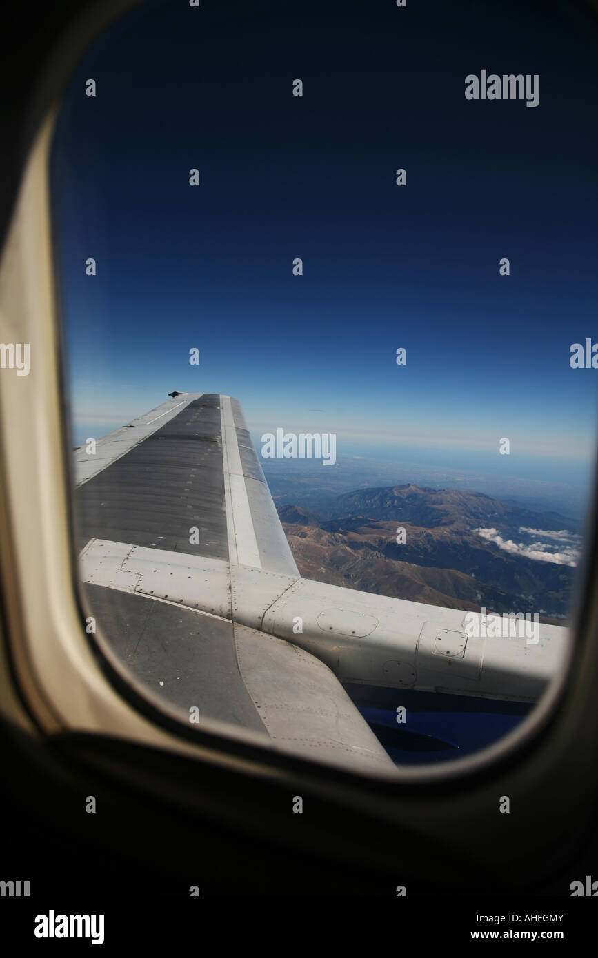 airplane wing view landscape flight window sky Stock Photo - Alamy