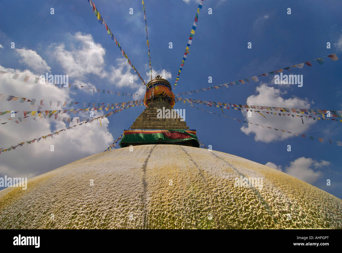 Skywards perspective of the stupa dome at Bodhnath Stupa Kathmandu ...