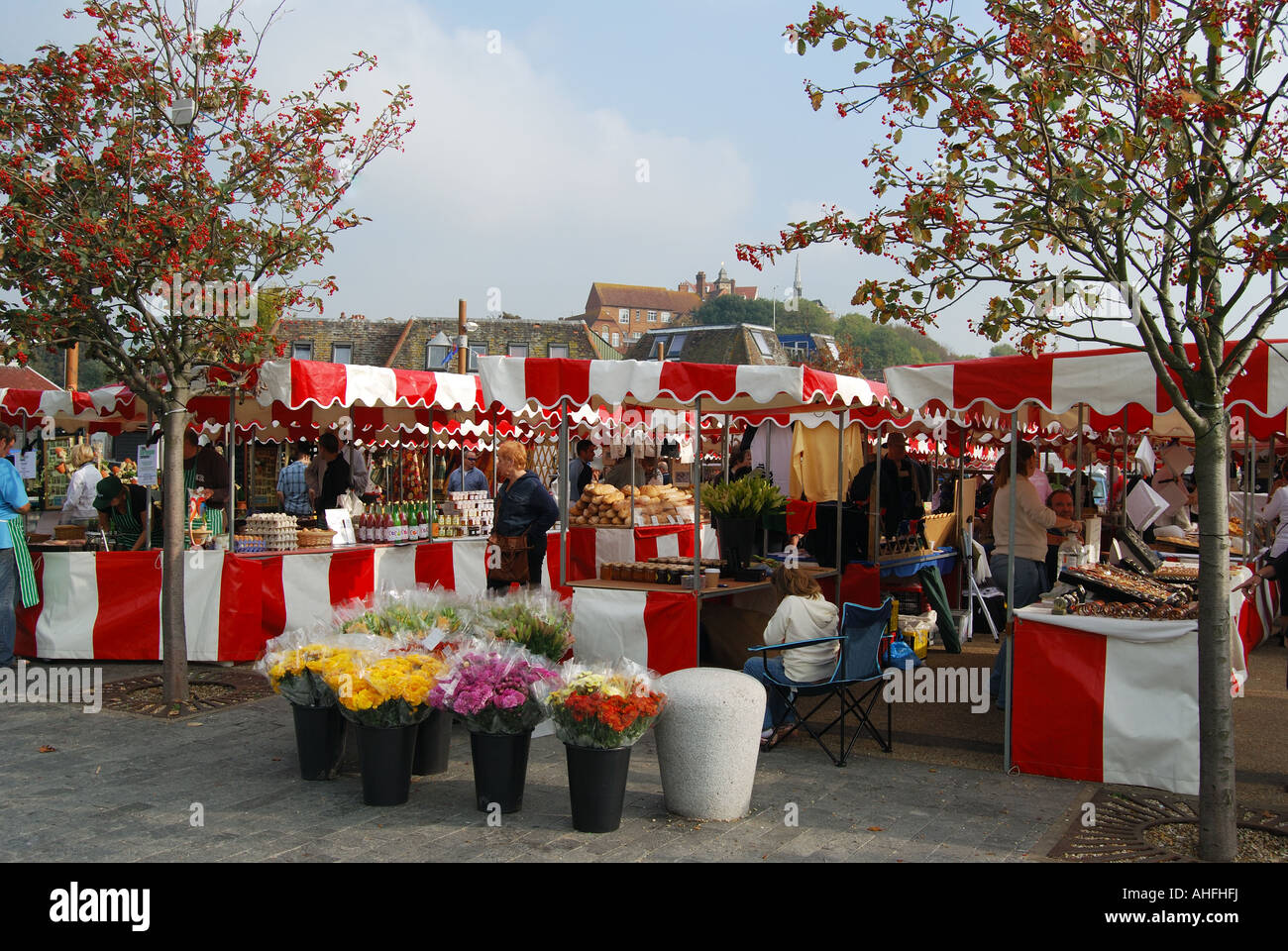 Outdoor french food market, the harbour, Folkestone, Kent, England ...