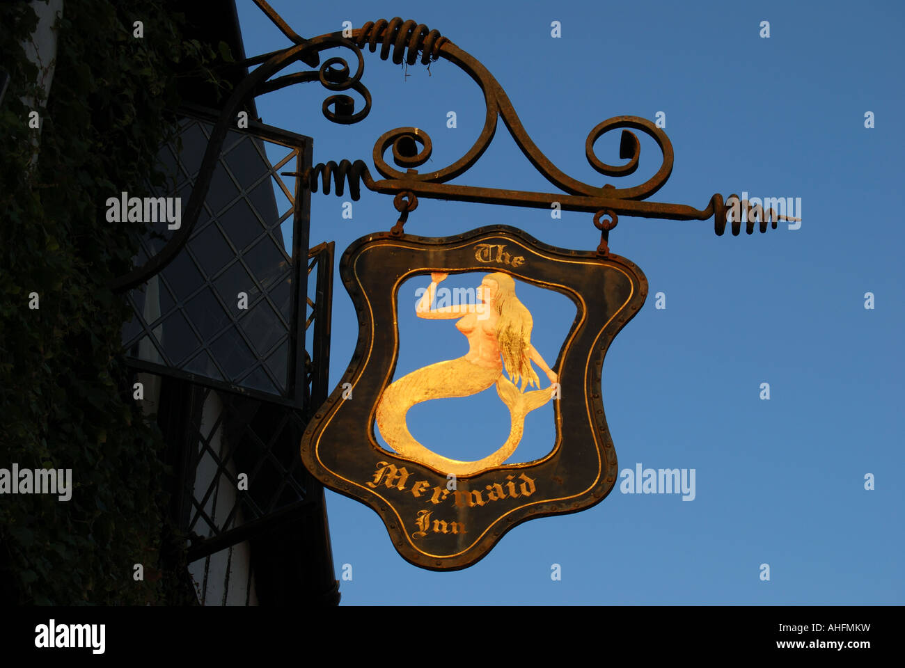 The Mermaid Inn sign, Mermaid Street, Rye, East Sussex, England, United ...