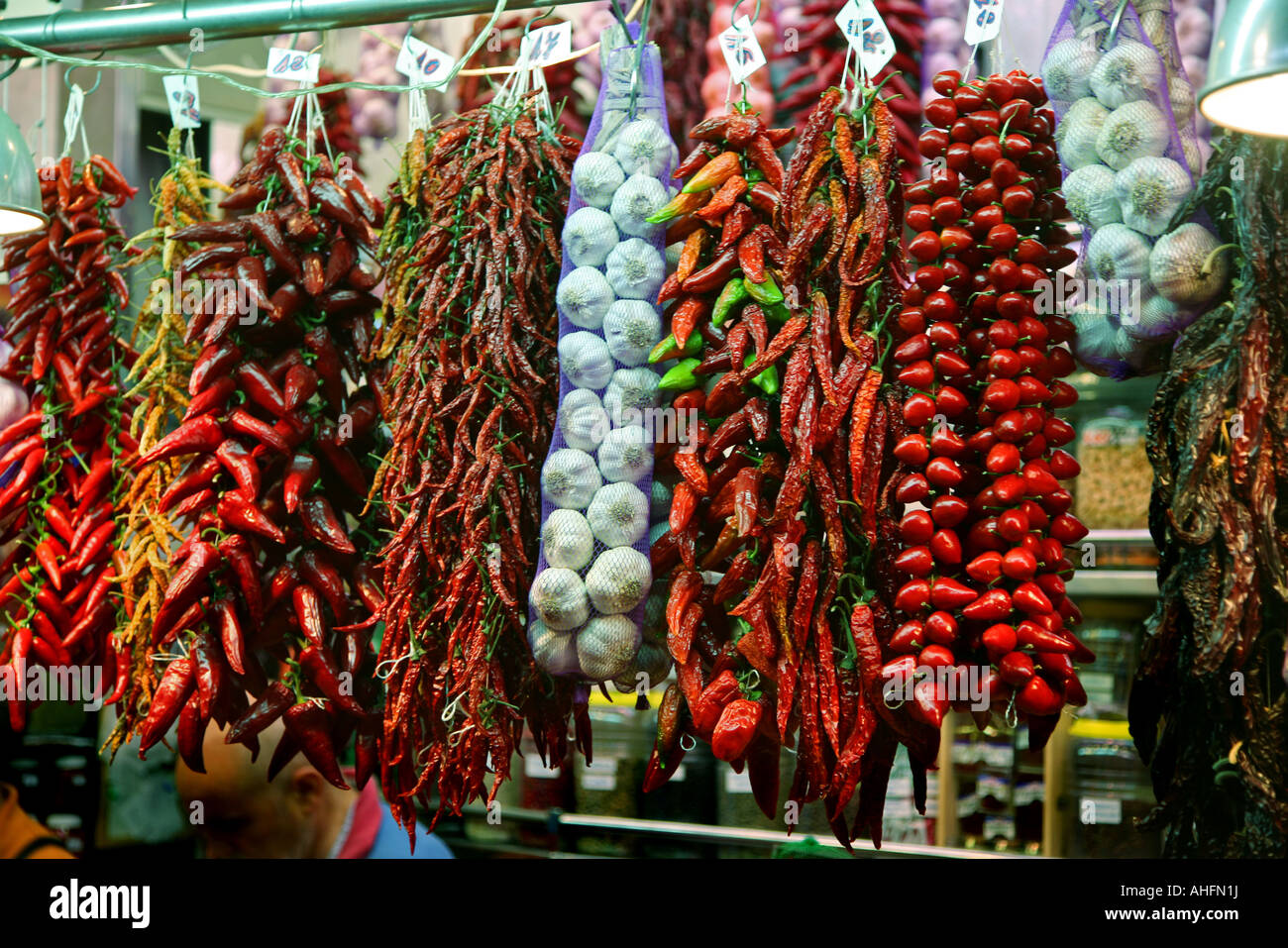 chilli peppers red hot bonnet string bunch fruit healthy garlic Stock ...