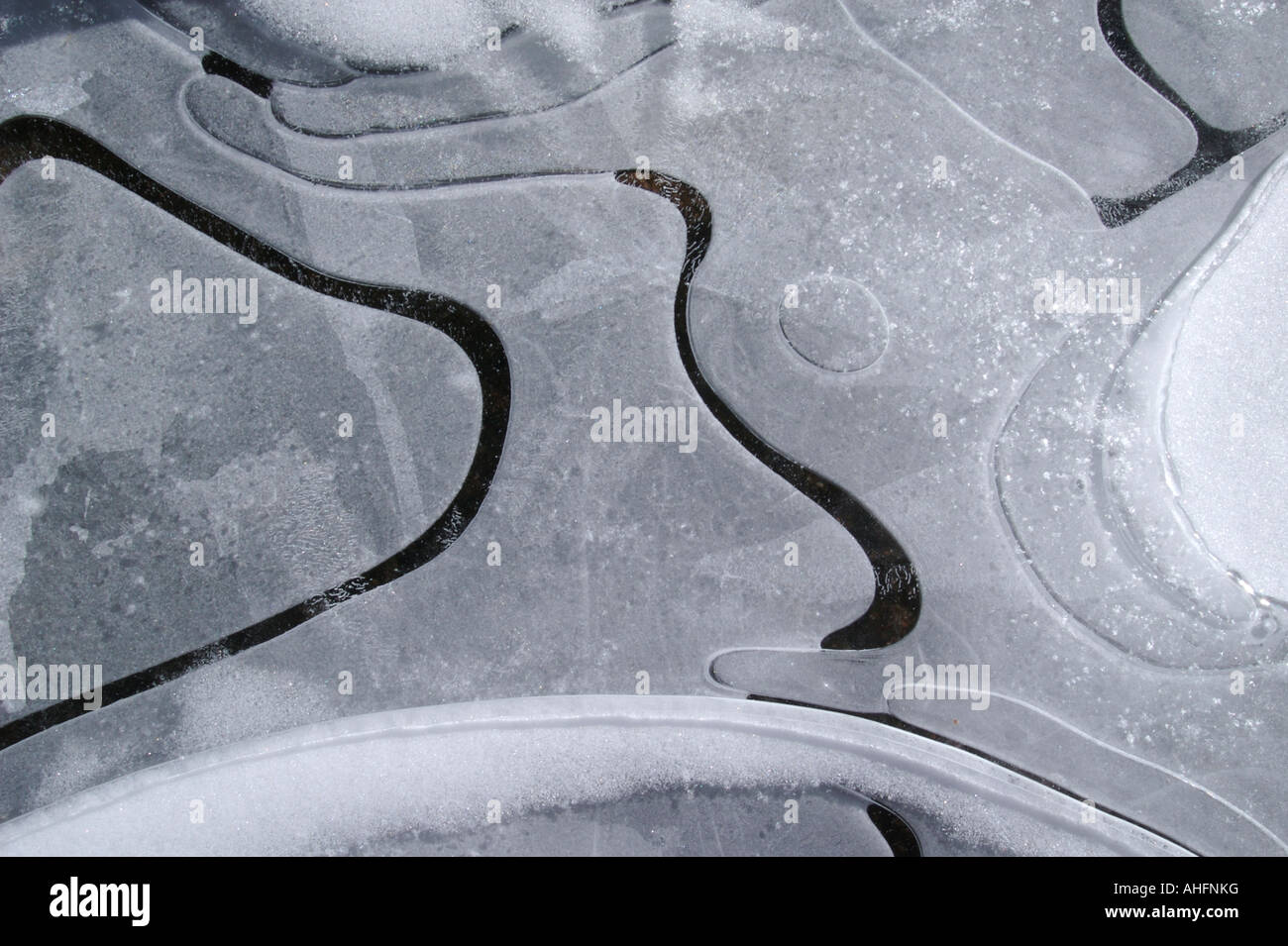 Close up of ice patterns formed by air bubbles under the frozen surface ...