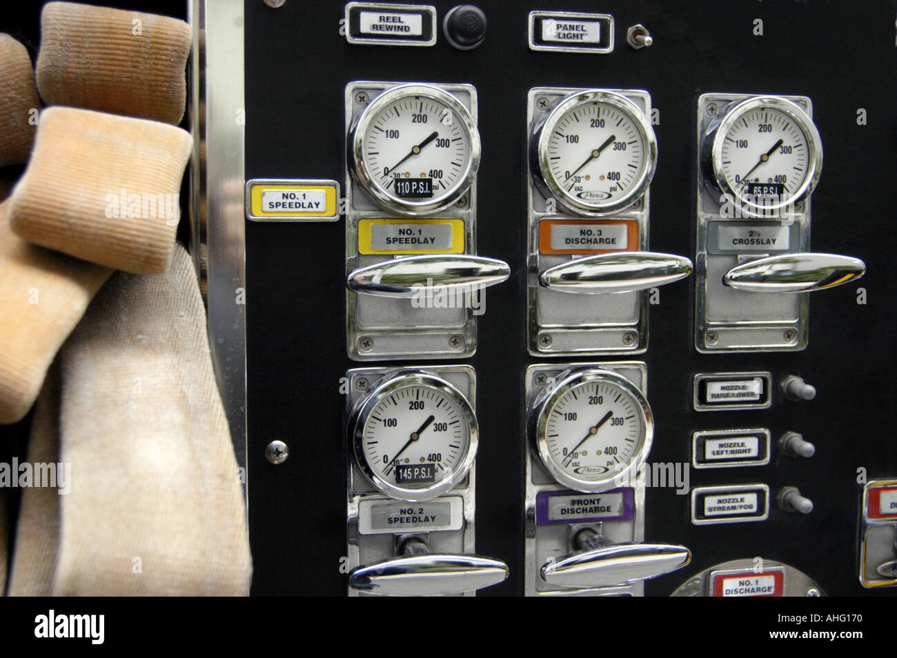 Closeup of fire engine pumping control panel Stock Photo - Alamy