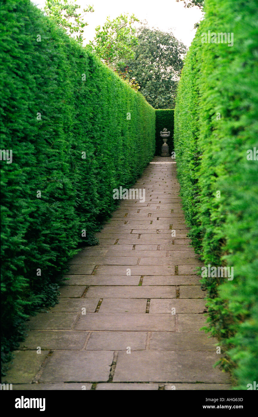 English hedge maze with stone walkway and statue Stock Photo - Alamy