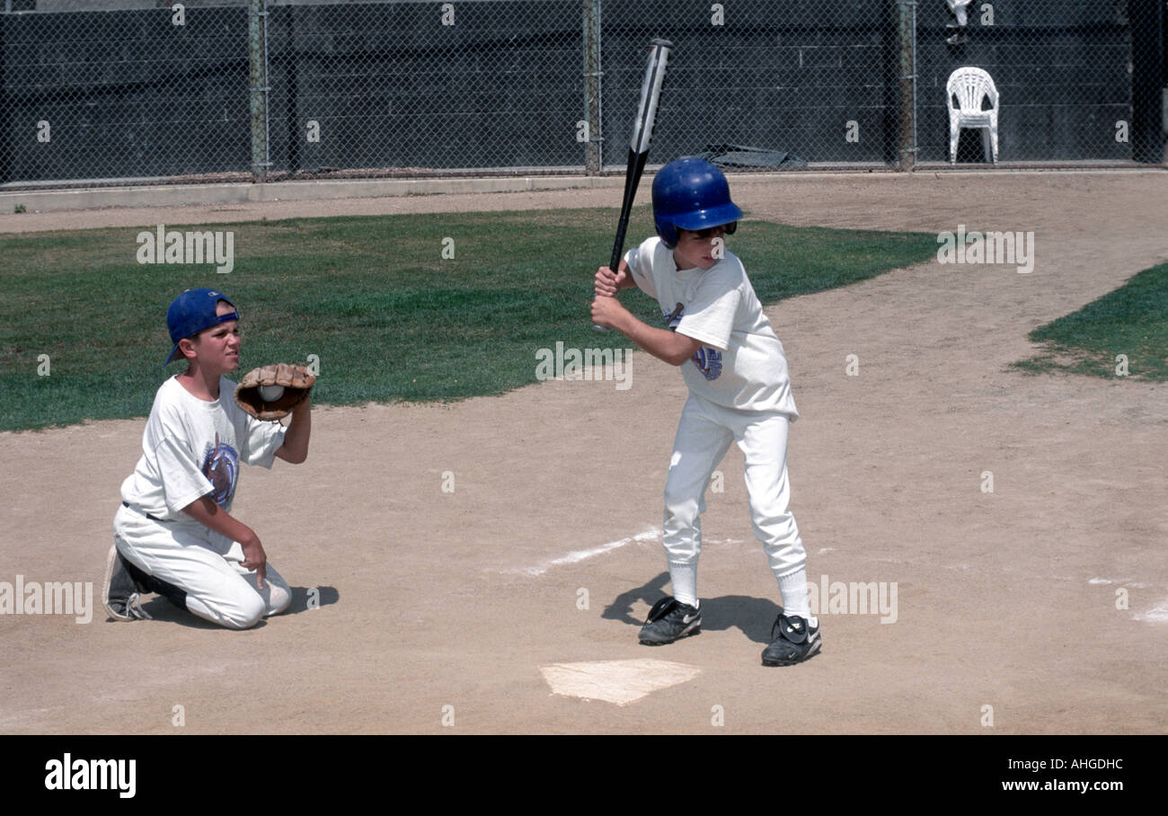 Two boys during practice for Little League baseball team Stock Photo ...
