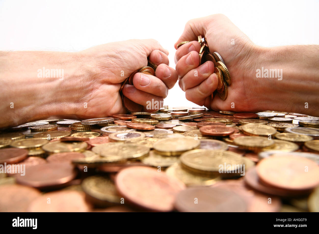 grabbing all the money hands grabbing coins isolated white background ...