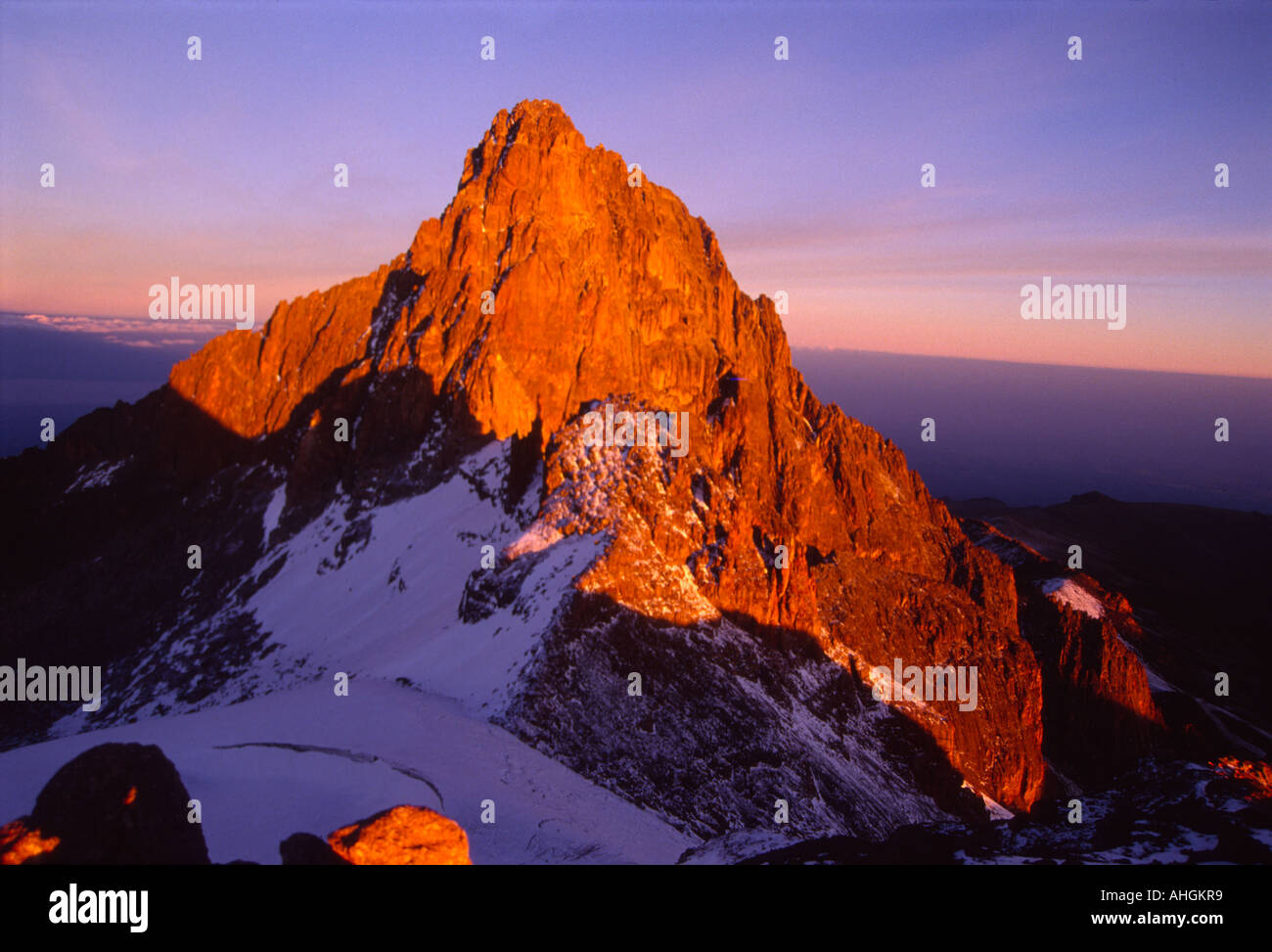 Mount Kenya, Batian Peak, summit at dawn. View from Point Lenana Stock ...