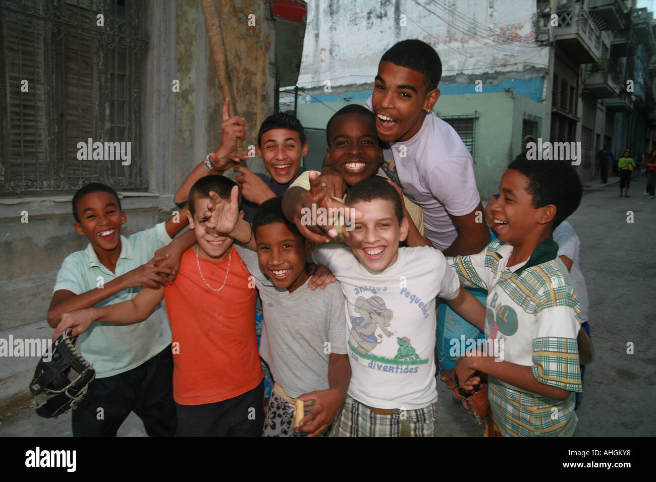 Cuba Havana Kids playing baseball and making jokes towards the camera ...