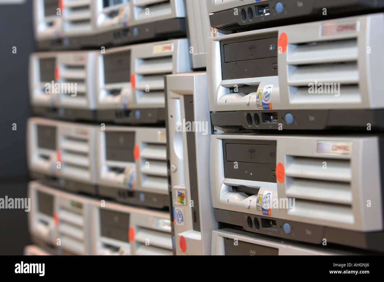 pile of stacks of computer system boxes ready for data wipe and ...