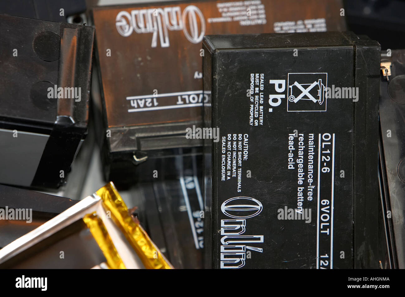 close up of piles of computer and electrical appliance lead acid sealed ...