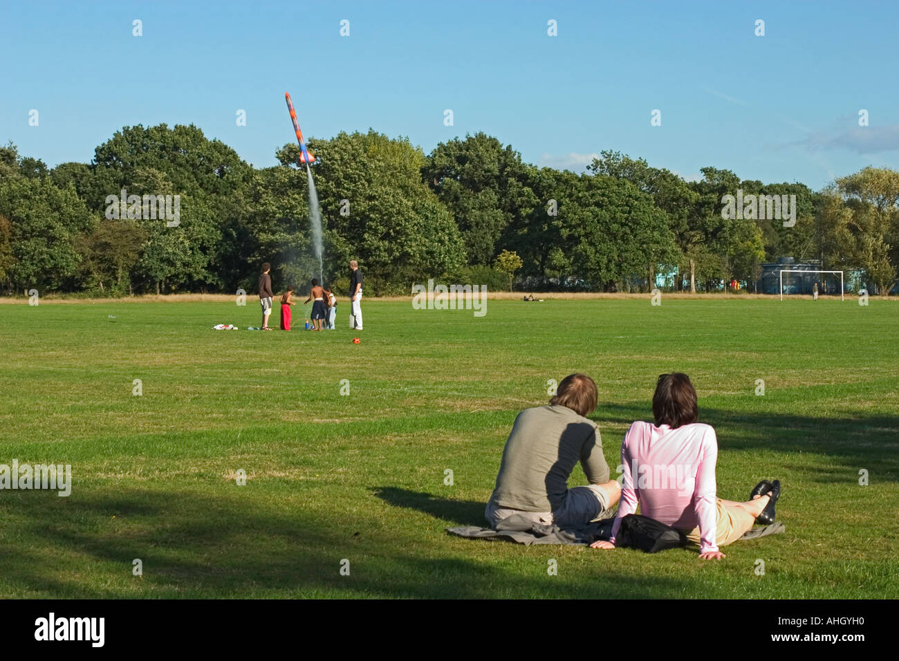 Water rocket with observers, Tooting Common, London, United Kingdom ...
