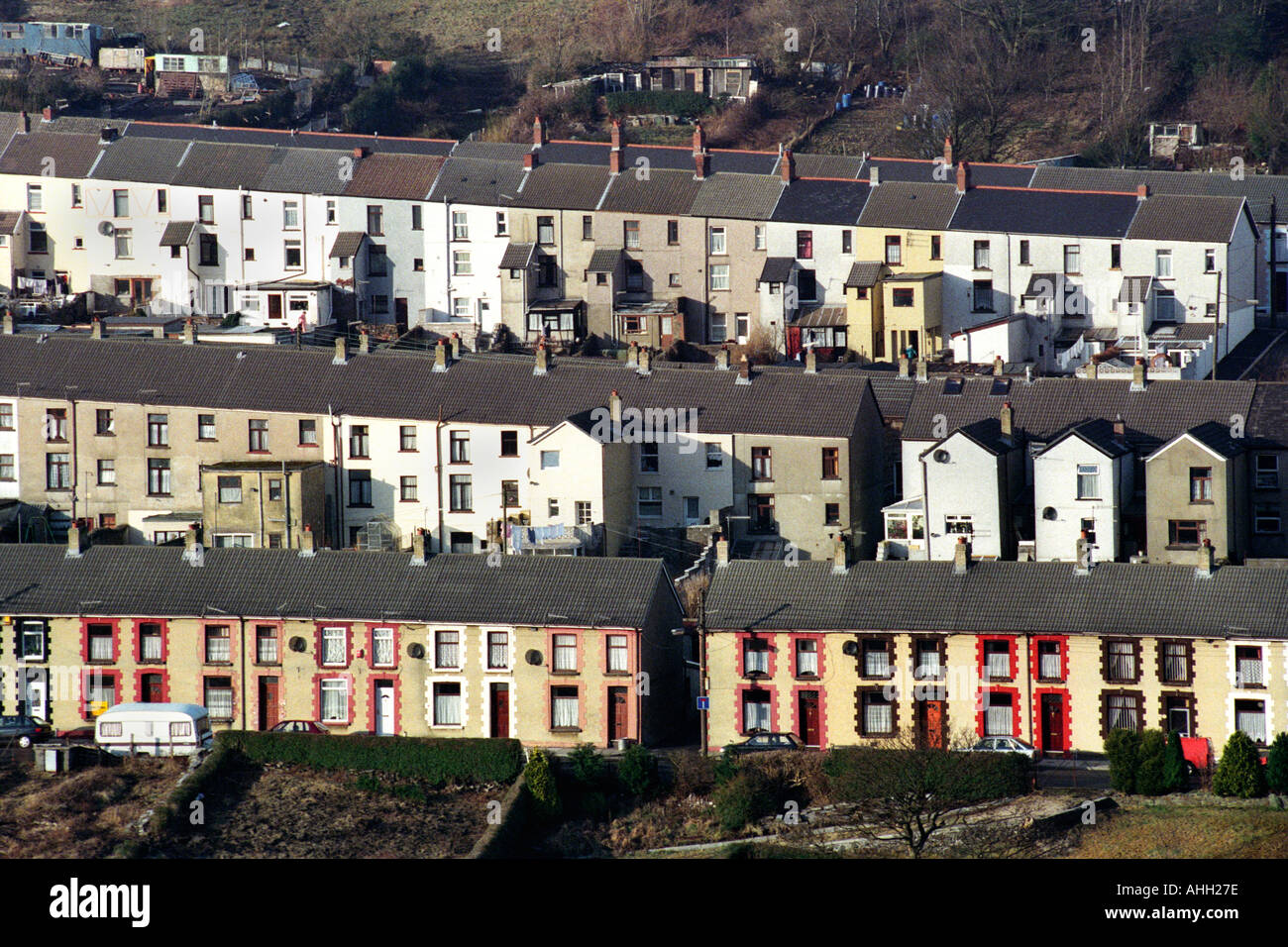 Terraced industrial housing built on hillside for coal miners in 19th ...