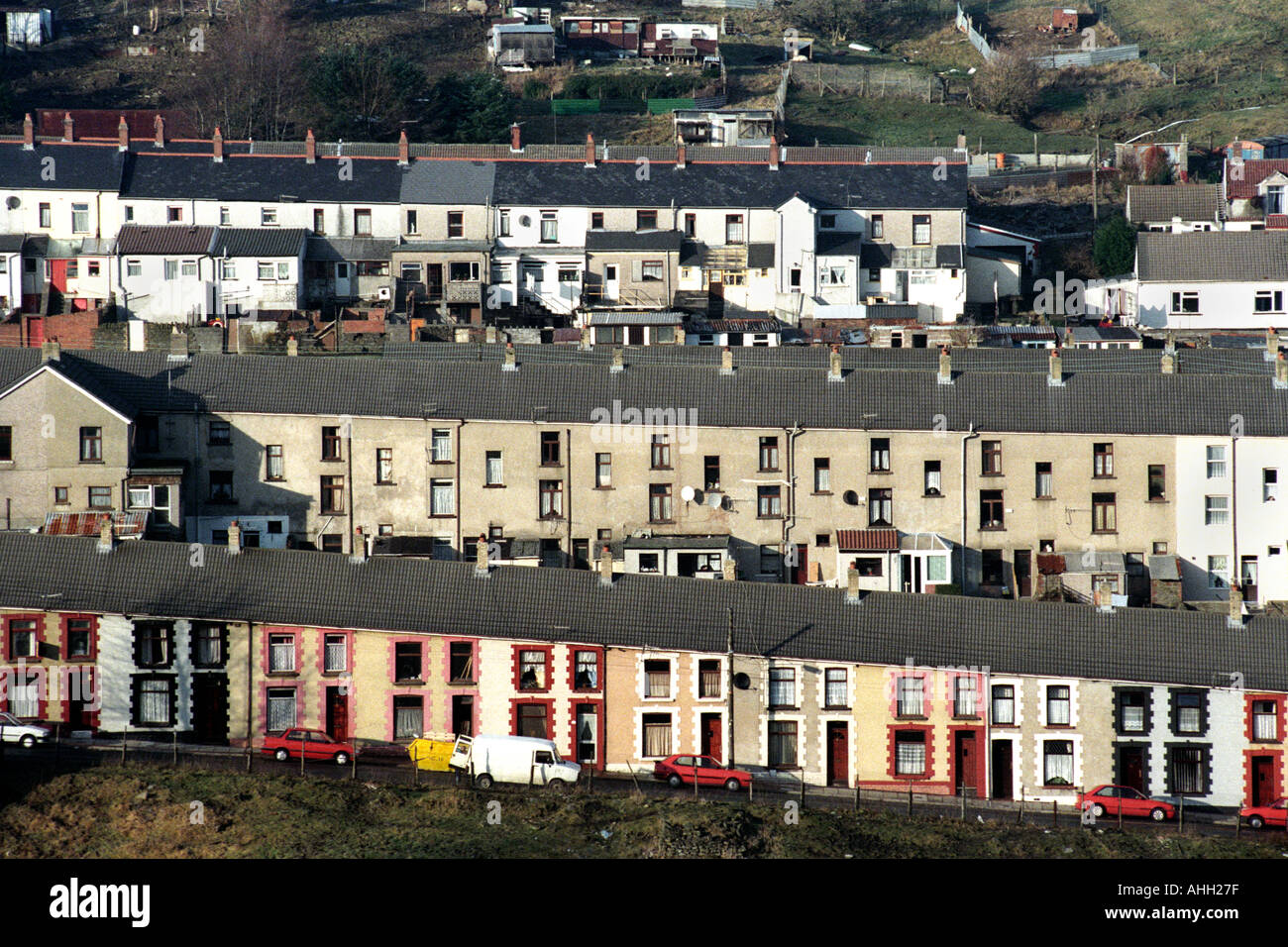 Terraced industrial housing built on hillside for coal miners in 19th ...
