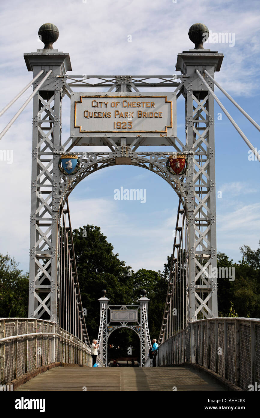 The suspension bridge leads into the Queens Park of Chester, Wales ...