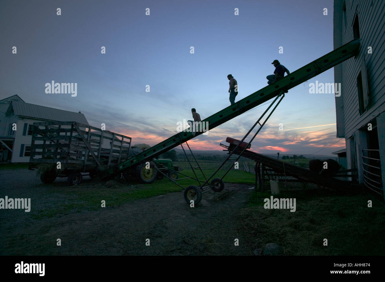 Farmhands descend hay conveyor during a break in work Fort Plain new ...