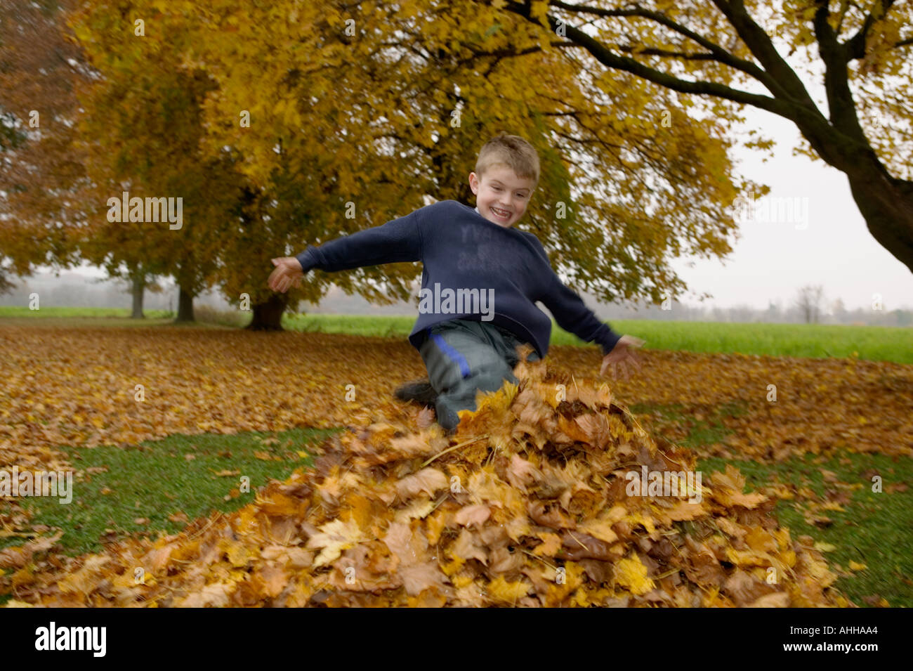 Boy jumping autumn leaves hi-res stock photography and images - Alamy