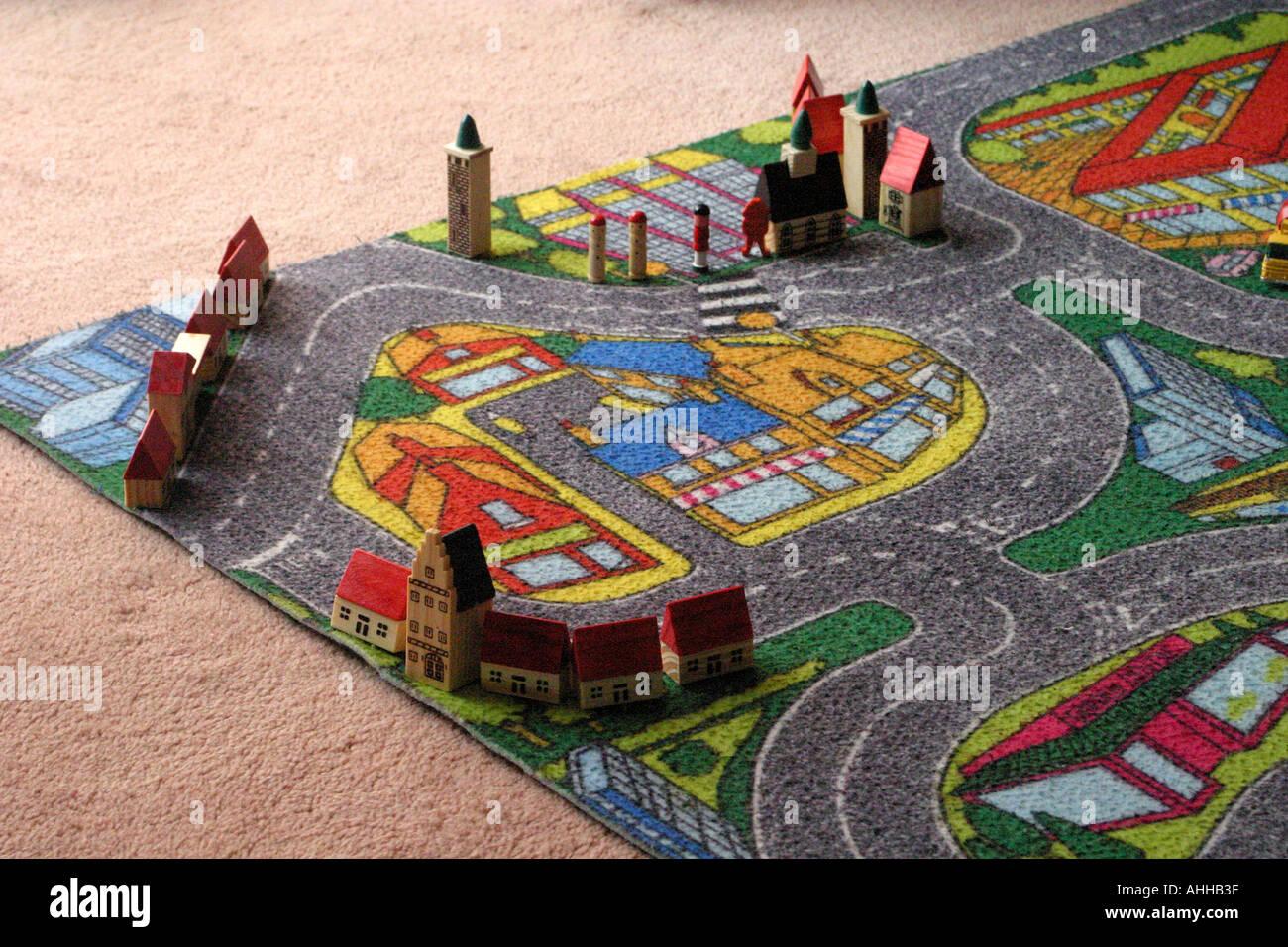 A child s model village and carpeted road layout Stock Photo - Alamy