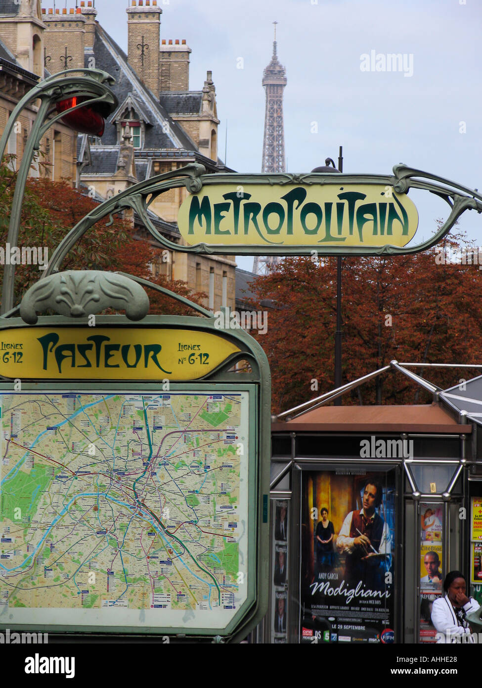 Metro entrance Edgar Quinet and Eiffel Tower Paris France Stock Photo ...