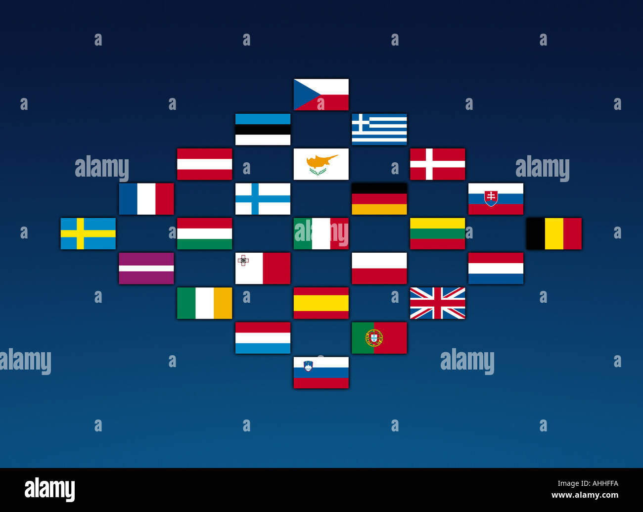 Diamond shaped layout of the EU member nations flags in random order ...