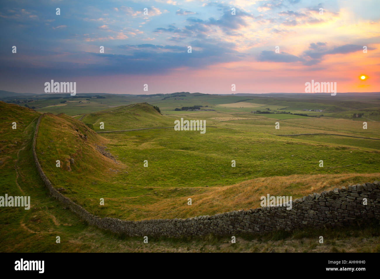 ENGLAND Northumberland Hadrians Wall Sunset behind the world heritage ...