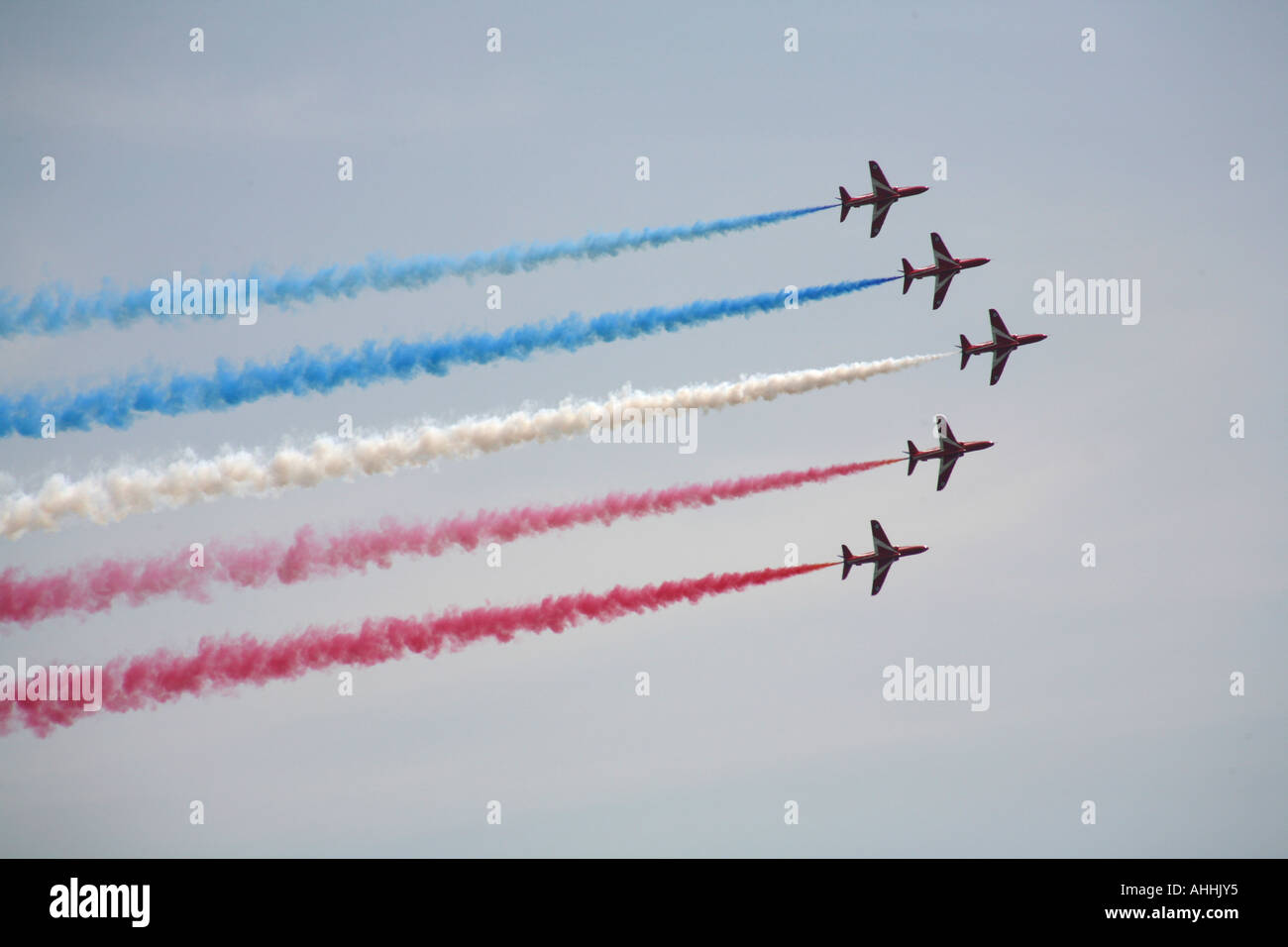 The Red Arrows flying display at Silverstone England 2006 Stock Photo ...