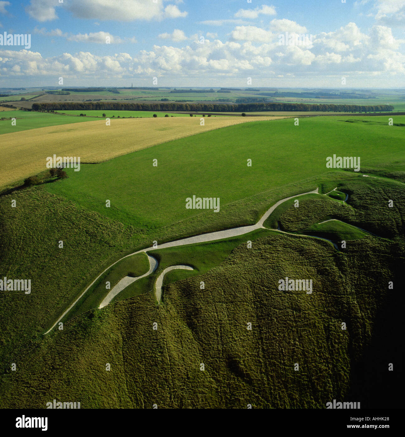 Uffington White Horse prehistoric hill carving UK aerial view Stock ...