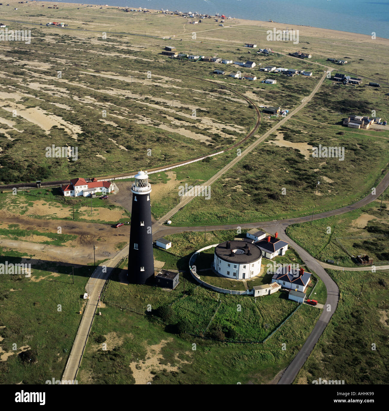 Shingle beach and lighthouse Dungeness Kent UK aerial view Stock Photo ...