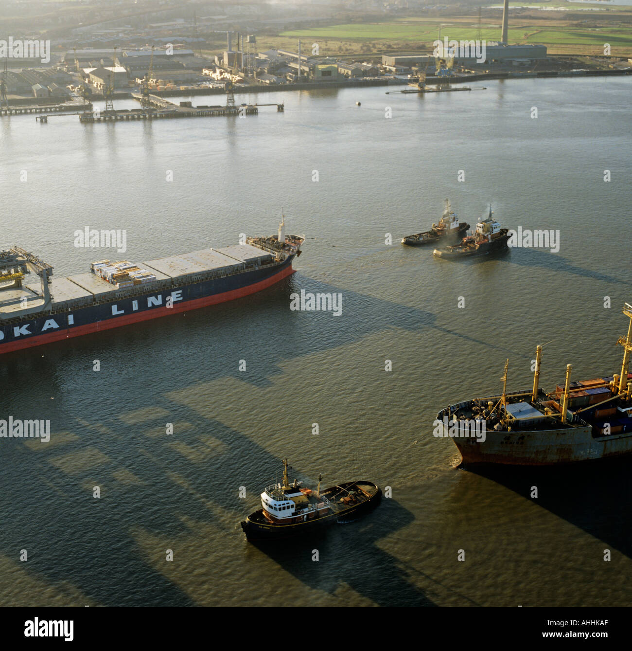 Container ships under tow River Thames UK aerial view Stock Photo - Alamy