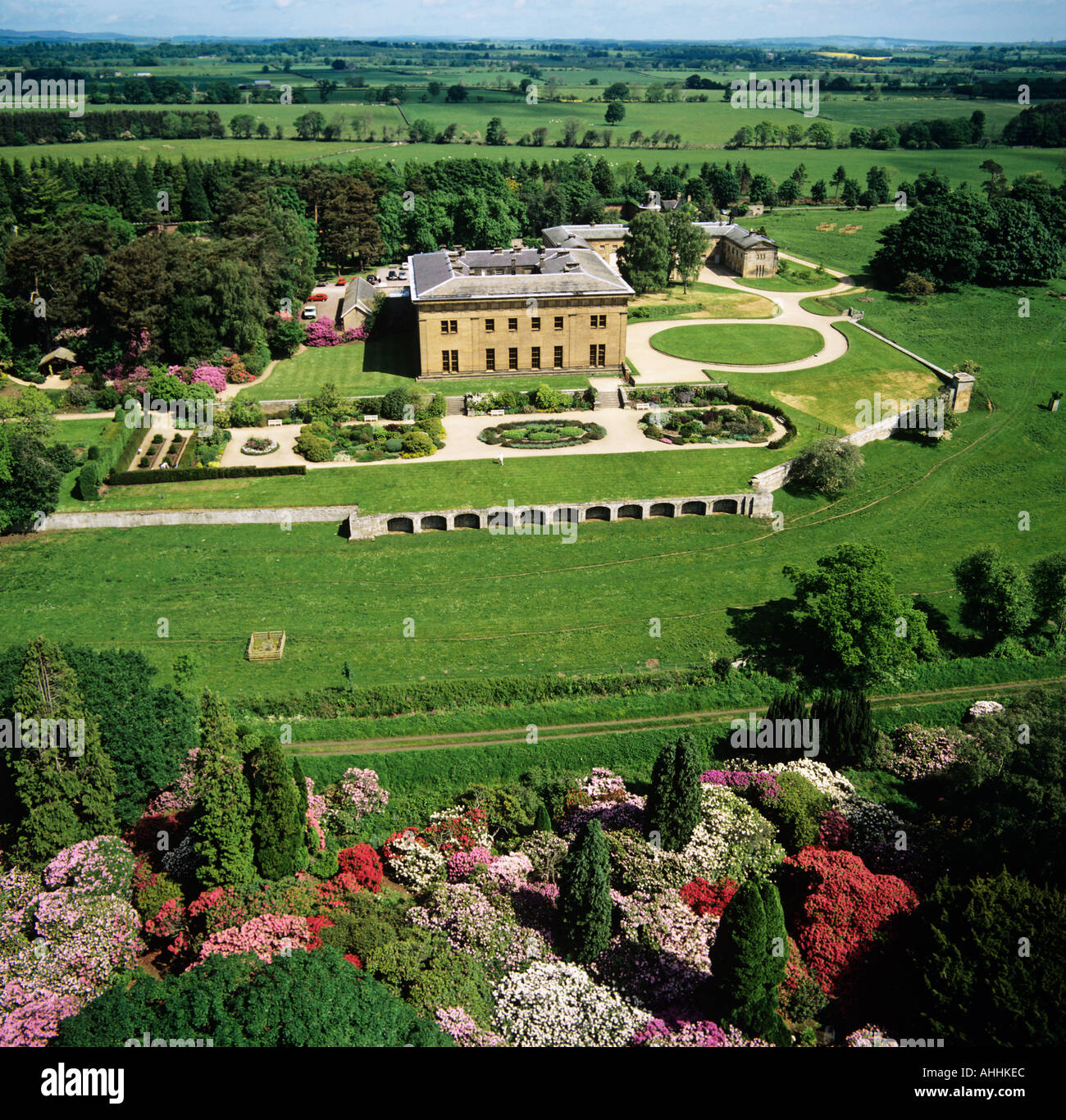 Belsay Hall and rhododendron garden Northumberland UK aerial view Stock ...