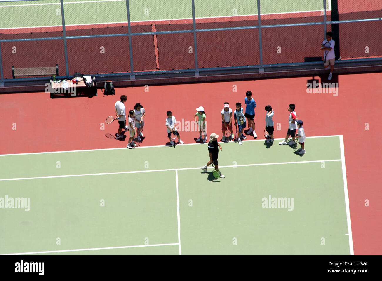 Aerial View of Children Learning Tennis on a Red and Green Tennis ...